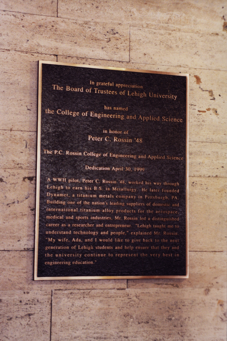 Plaque inside Packard Laboratory dedicating the PC Rossin School of ...
