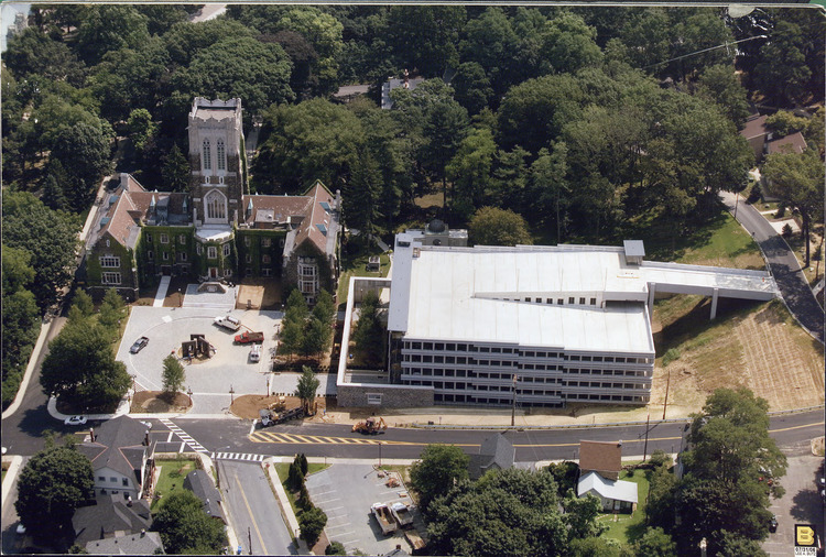 Portrait / Aerial View of Alumni Memorial Building and Parking Garage ...