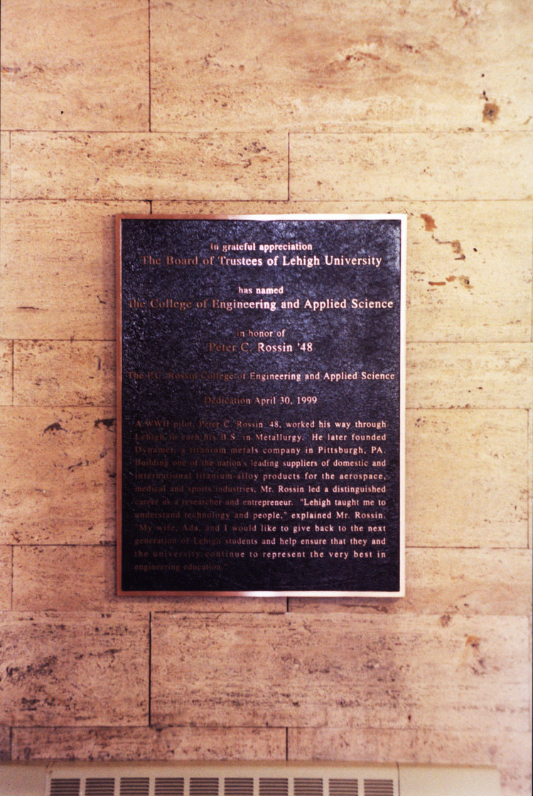 Plaque inside Packard Laboratory dedicating the PC Rossin School of ...