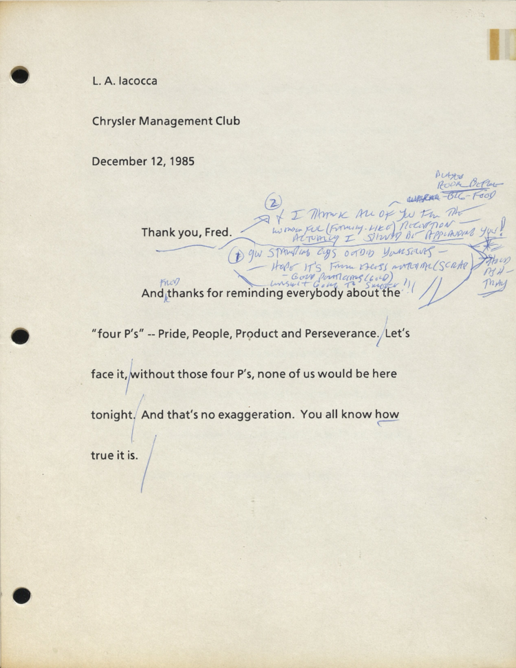 Binder 221- L. A. Iacocca, Chrysler Management Club, December 12, 1985 ...