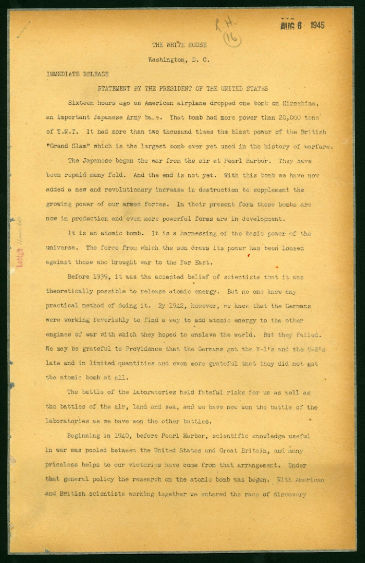 [Presidential Statement] 1945 August 6, [on the use of the atomic bomb ...