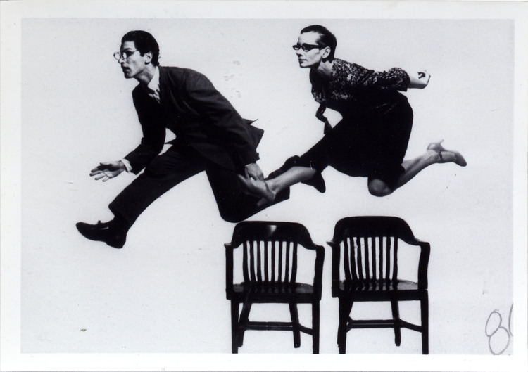 Art piece of man & woman jumping over chairs | Lehigh Preserve