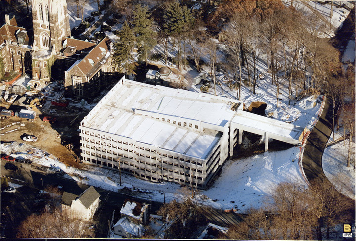 Portrait / Aerial View of Alumni Memorial Building and Parking Garage ...