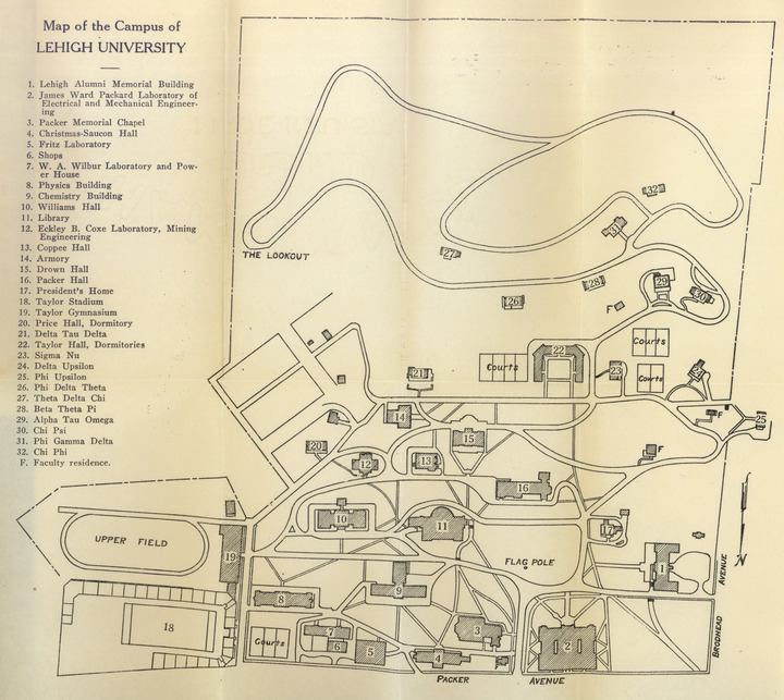 Campus map from 1932-1933 Lehigh students' hand-book | Lehigh Preserve