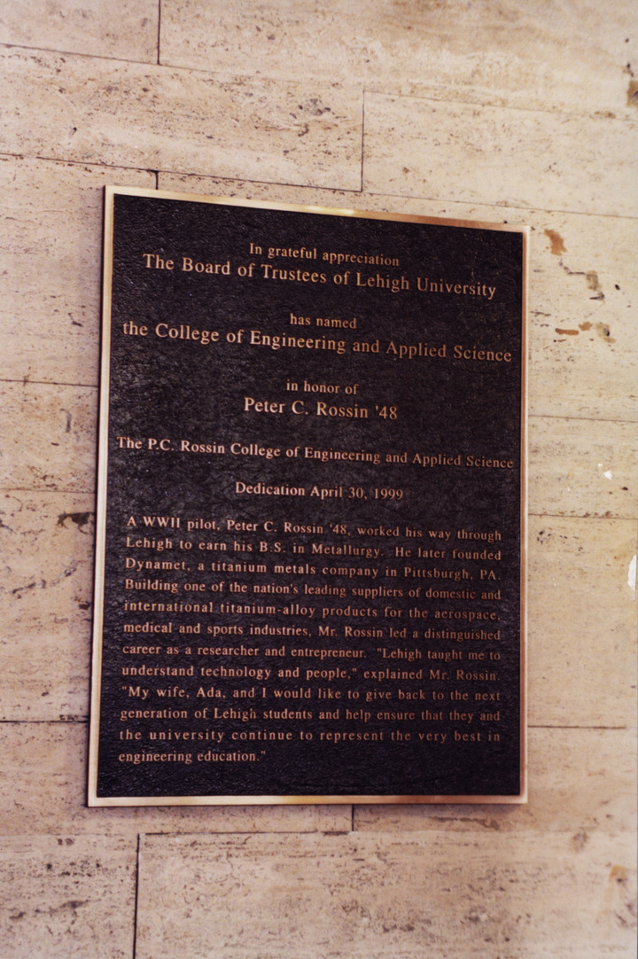 Plaque inside Packard Laboratory dedicating the PC Rossin School of ...