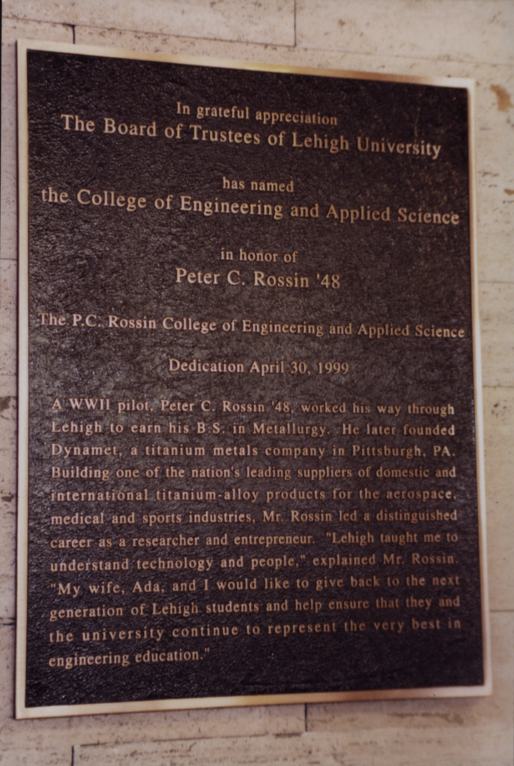 Plaque inside Packard Laboratory dedicating the PC Rossin School of ...
