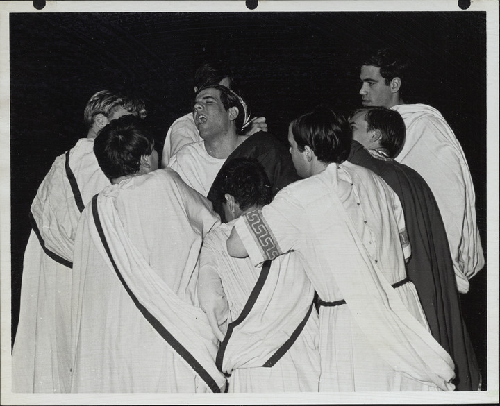 Black and white photo, depicts actors all stabbing Caesar., 1966 ...