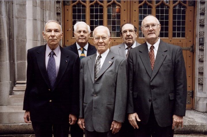 Group including Lynn Beedle, Alen Pense, and Ronald Rivlin on steps of ...
