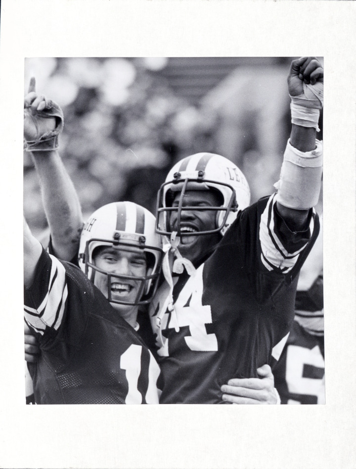 Two Lehigh football players celebrate | Lehigh Preserve