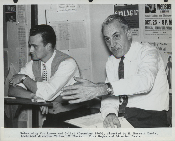 Black and white photo, caption reads Rehearsing for Romeo and Juliet ...