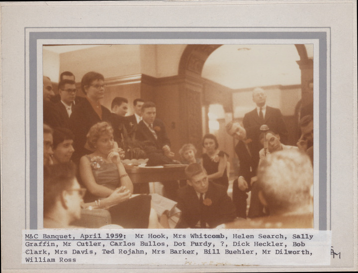 Framed color photo, caption reads M&C Banquet, April 1959: Mr. Hook ...