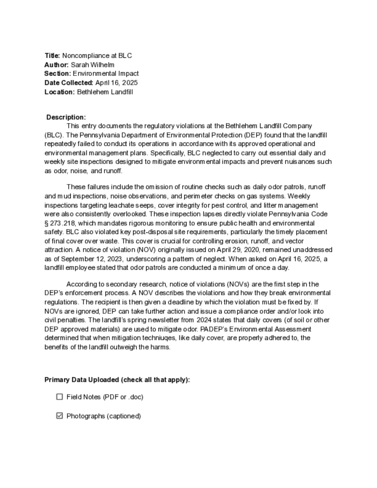 Noncompliance at BLC - Summary | Lehigh Preserve