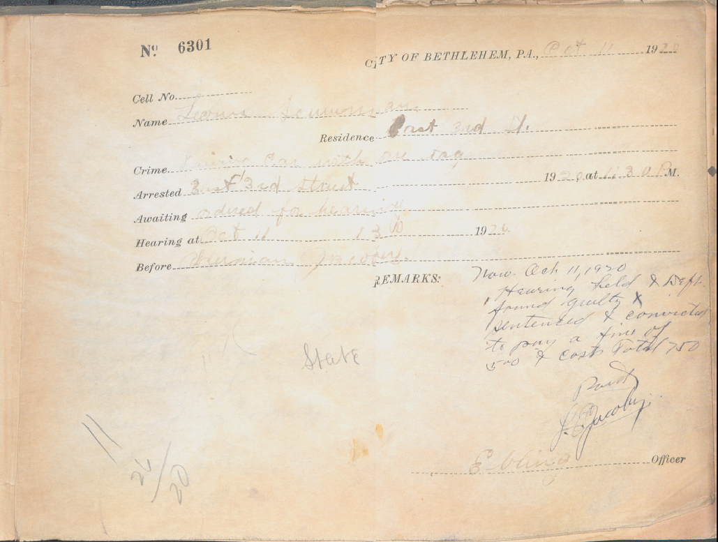 Bethlehem Police Department Arrest Book, October 1920 | Lehigh Preserve